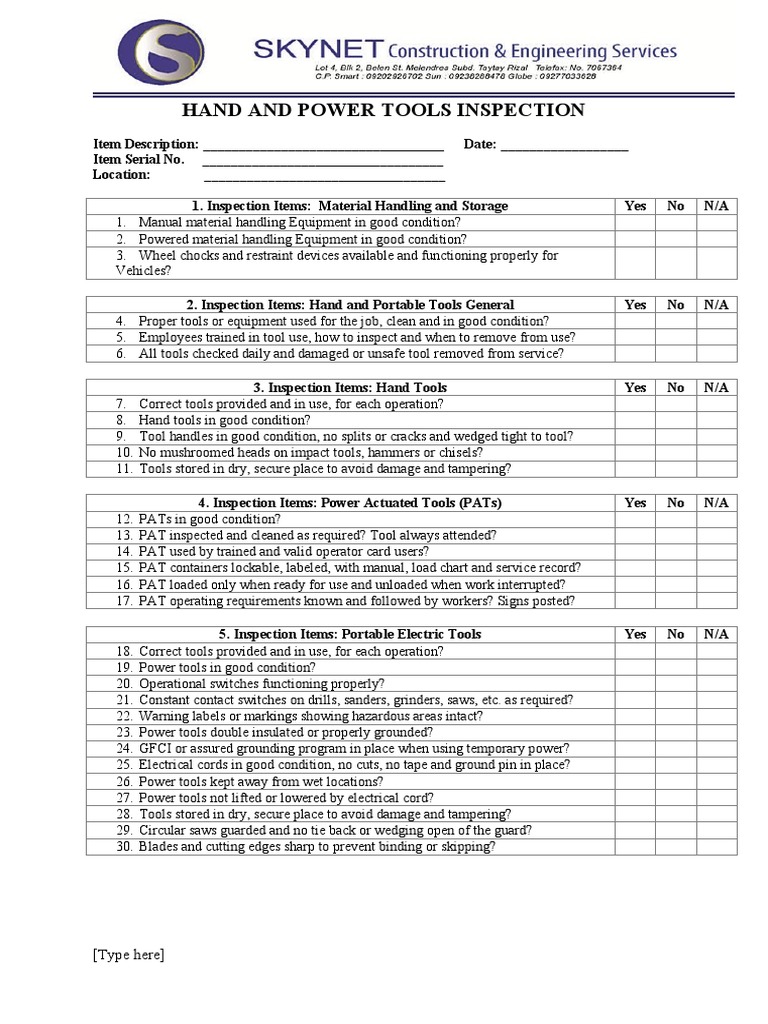 Hand and Power Tools Checklist | PDF | Personal Protective Equipment ...