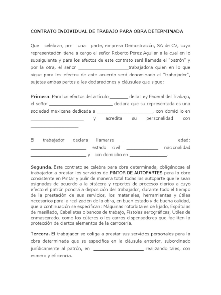 Contrato Individual de Trabajo para Obra Determinada Ejercicio 2 | PDF | Salario