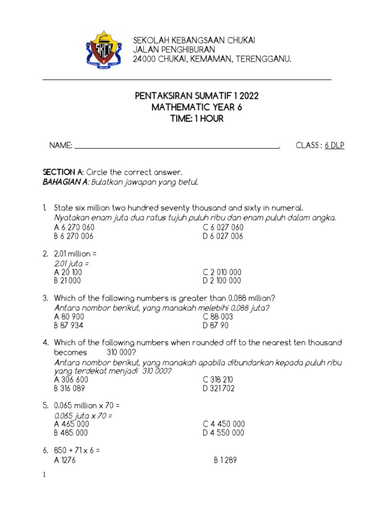 Pentaksiran Sumatif 1 Math Y6 | PDF