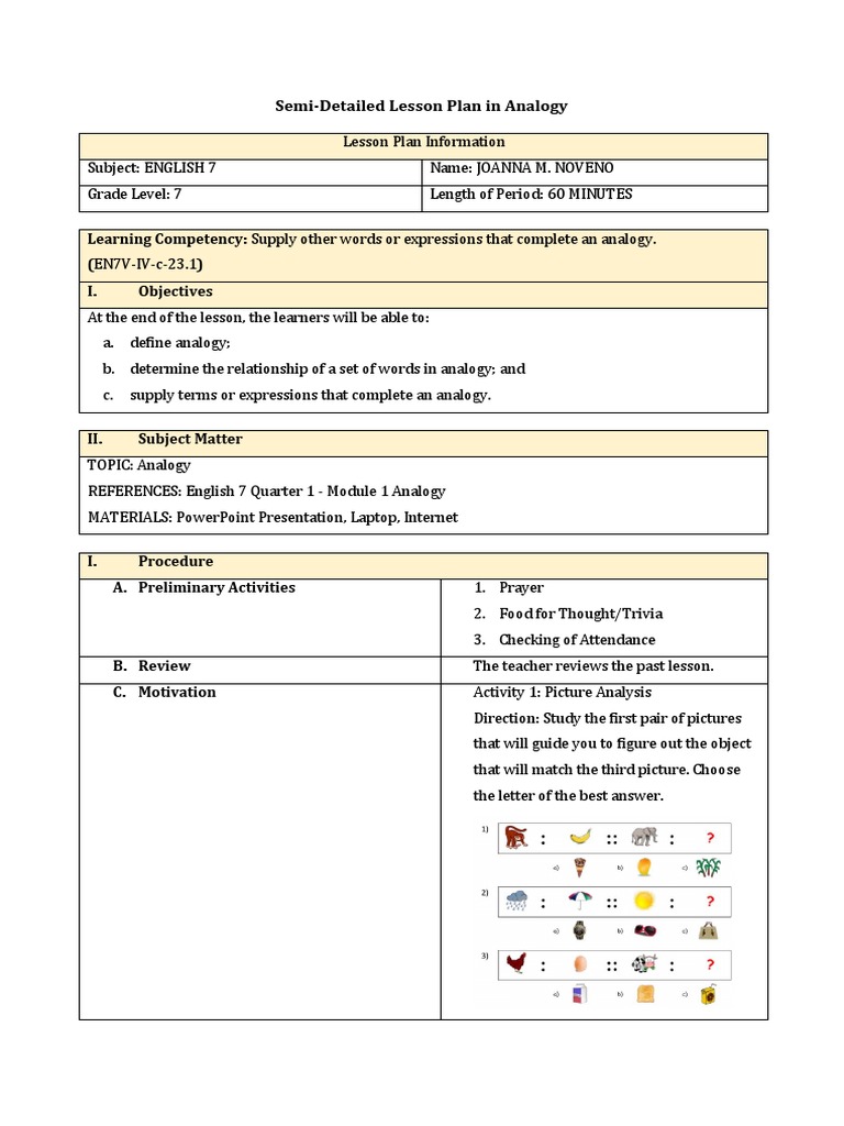 Grade 7 Analogy Lesson Plan | PDF | Analogy | Lesson Plan