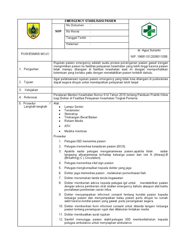 Sop Emergency Stabilisasi Pasien | PDF
