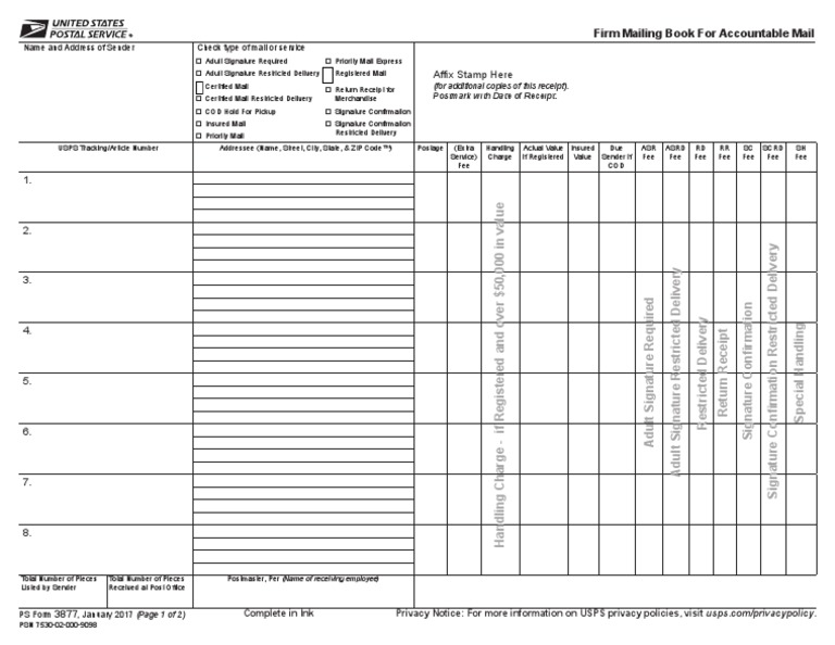 PS Form 3877 - Firm Mailing For Accountable Mail | PDF | United States ...