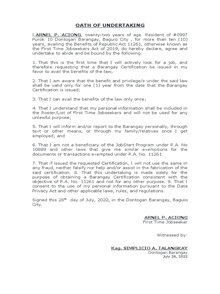 OATH OF UNDERTAKING FIRST TIME JOB SEEKER | PDF