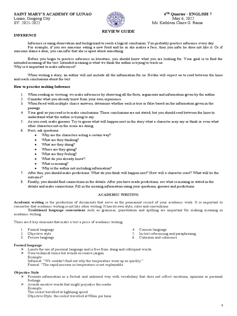 Review Guide: Developing Skills in Inference, Academic Writing ...