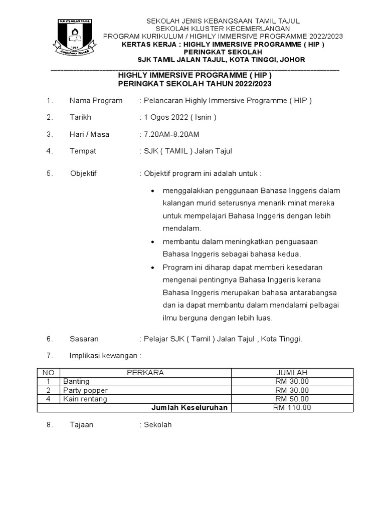 Kertas Kerja Highly Immersive Programme 20222023 | PDF