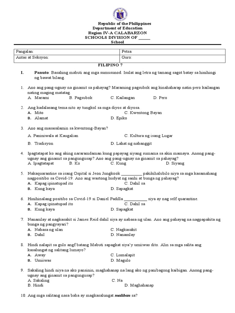 Filipino 7 Summative 1st | PDF