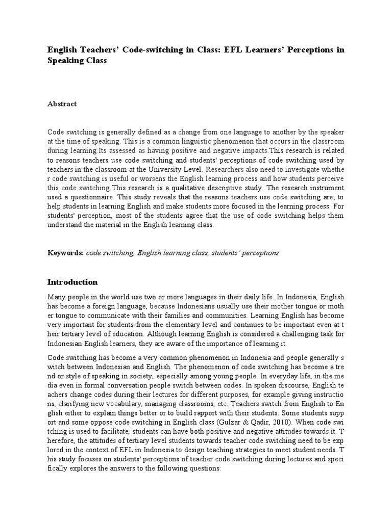 English Teachers' Code-Switching in Class: EFL Learners' Perceptions in Speaking Class | PDF ...