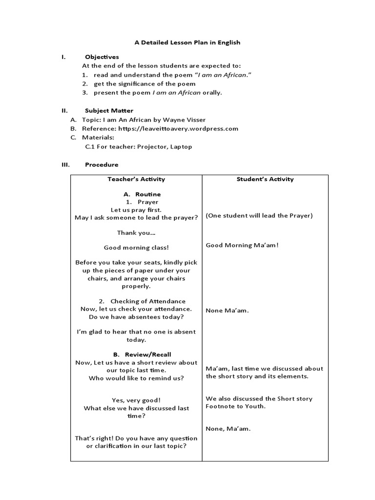 Lesson Plan: "I Am an African" Poem | PDF | Lesson Plan