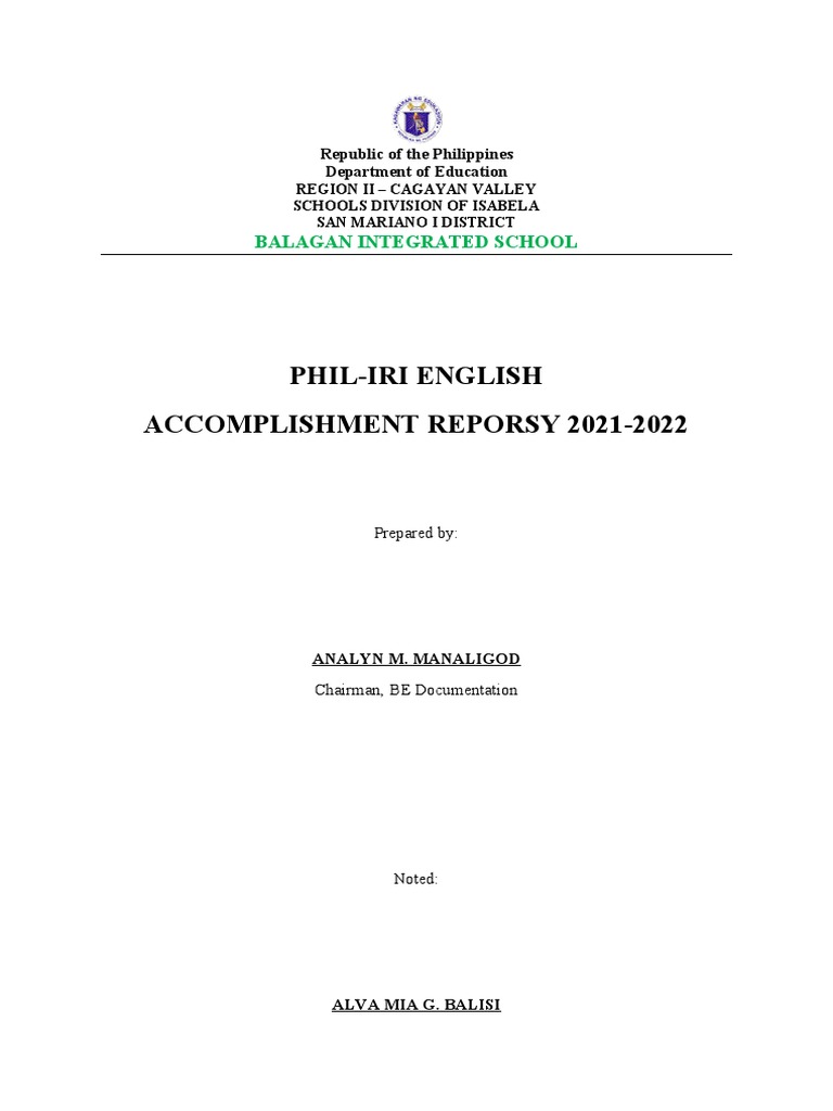 Accomplishment-Report Phil-IRI | PDF | Reading Comprehension | Learning Methods