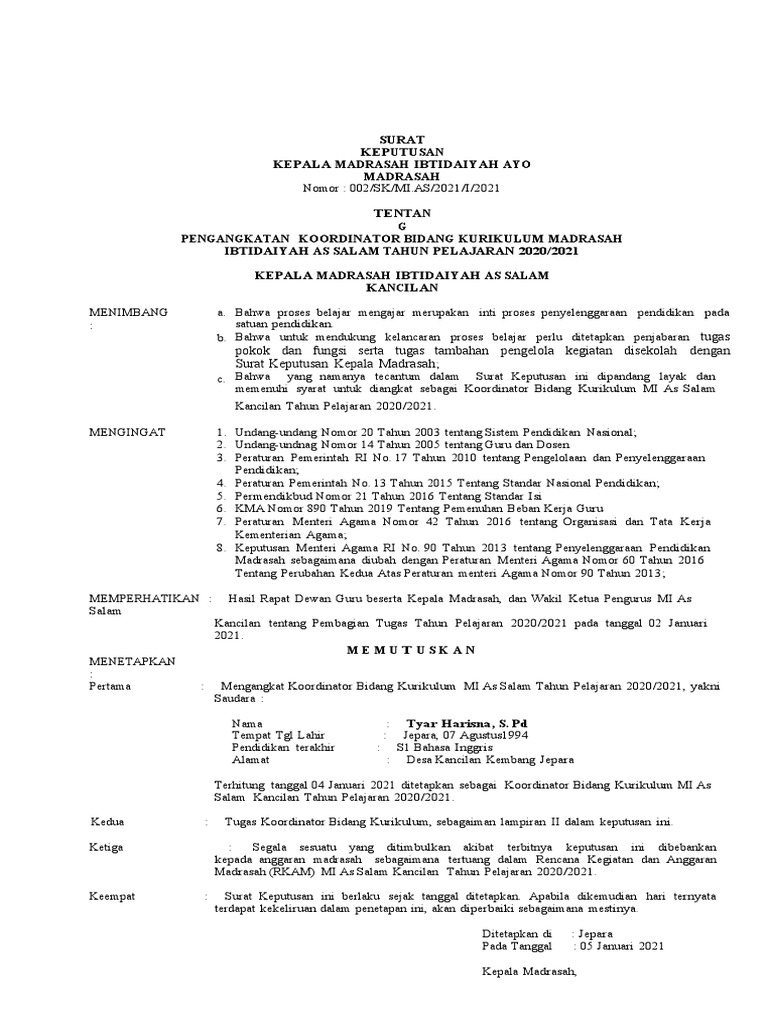 SK Koordinator Bidang Kurikulum PDF Free | PDF