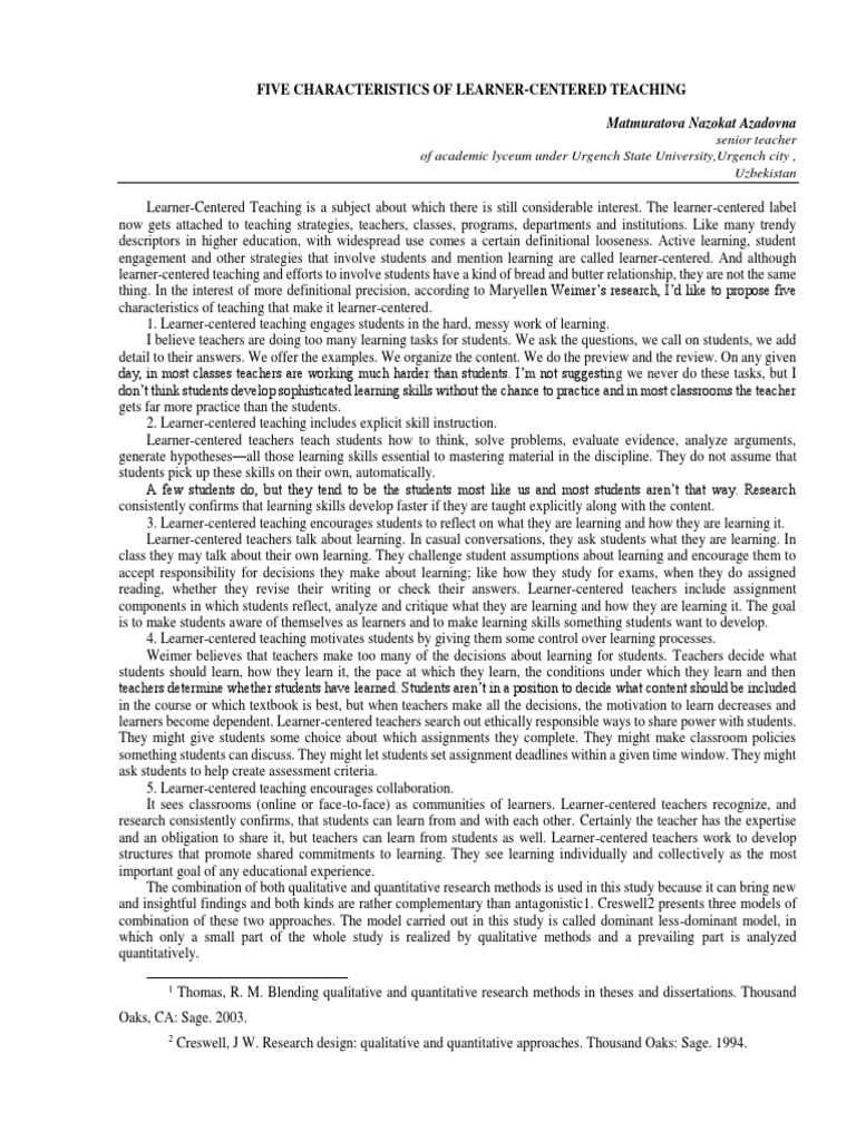 Five Characteristics of Learner-Centered Teaching | PDF | Teaching ...