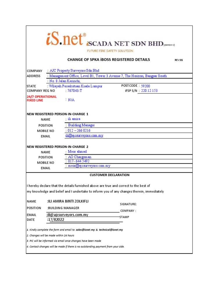 Change of Spka Iboss Regi Stered Details: 24/7 Operational Fixed Line | PDF