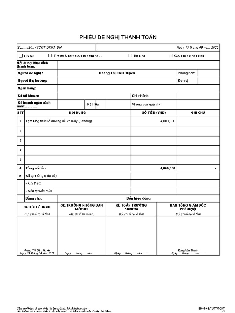 Bm01 - Phieu de Nghi Thanh Toan | PDF