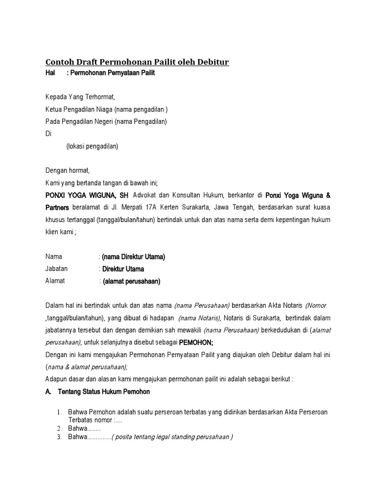 Contoh Surat Permohonan Pailit Debitur | PDF | Pengelolaan Keuangan ...