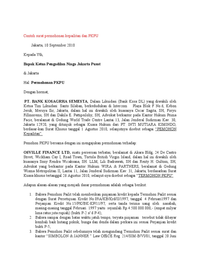 Contoh Surat Permohonan Kepailitan Dan PKPU | PDF