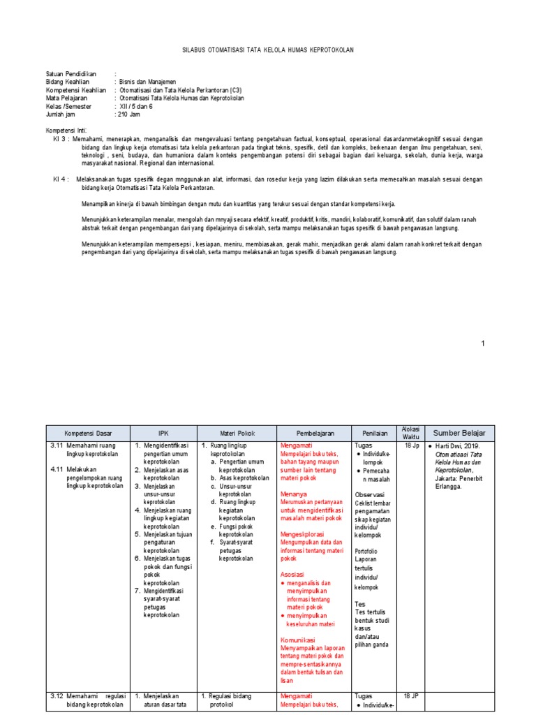 11 Silabus Otk Humas Protokol Xii 30 Juli 20201doc | PDF