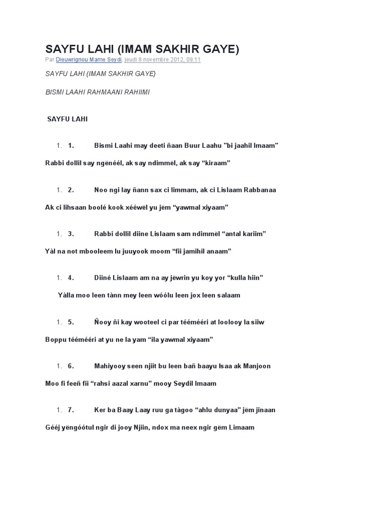 Sayfu Lahi (Imam Sakhir Gaye) : Dieuwrignou Mame Seydi | PDF | Shia ...