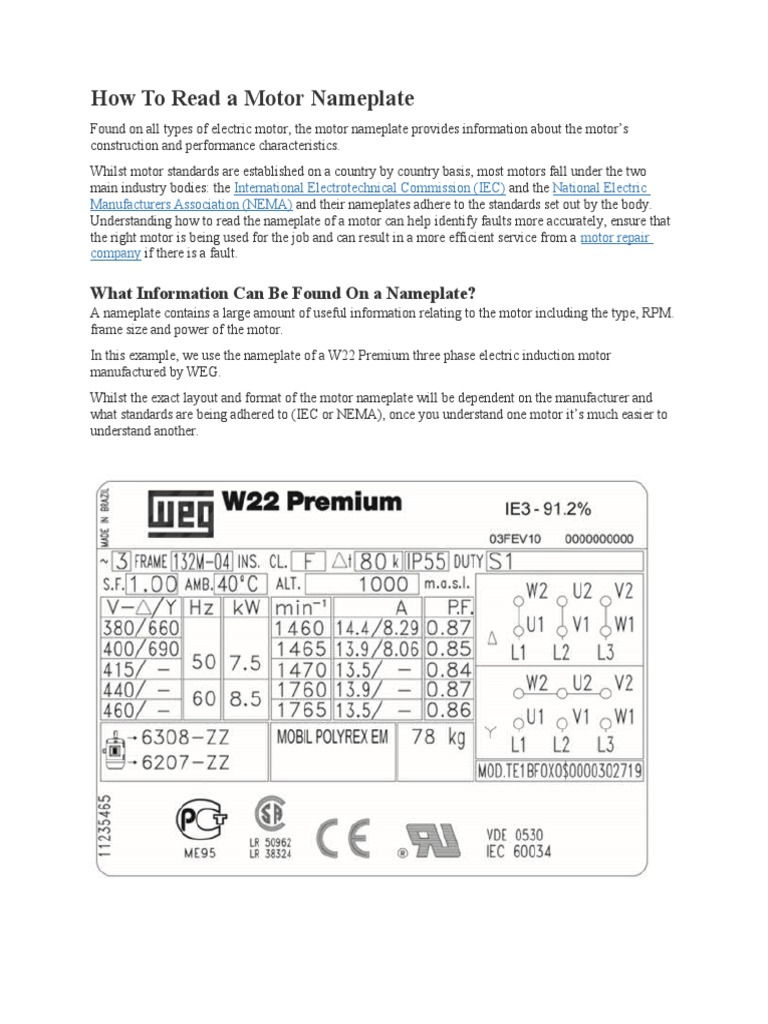 How To Read a Motor Nameplate | PDF | Electric Motor | Power (Physics)