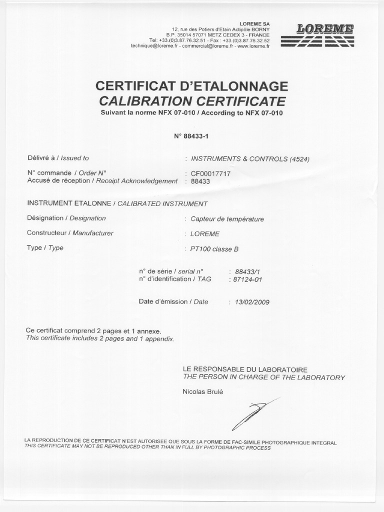 Certificat D'étalonnage LOREME | PDF | Calibrage | Métrologie