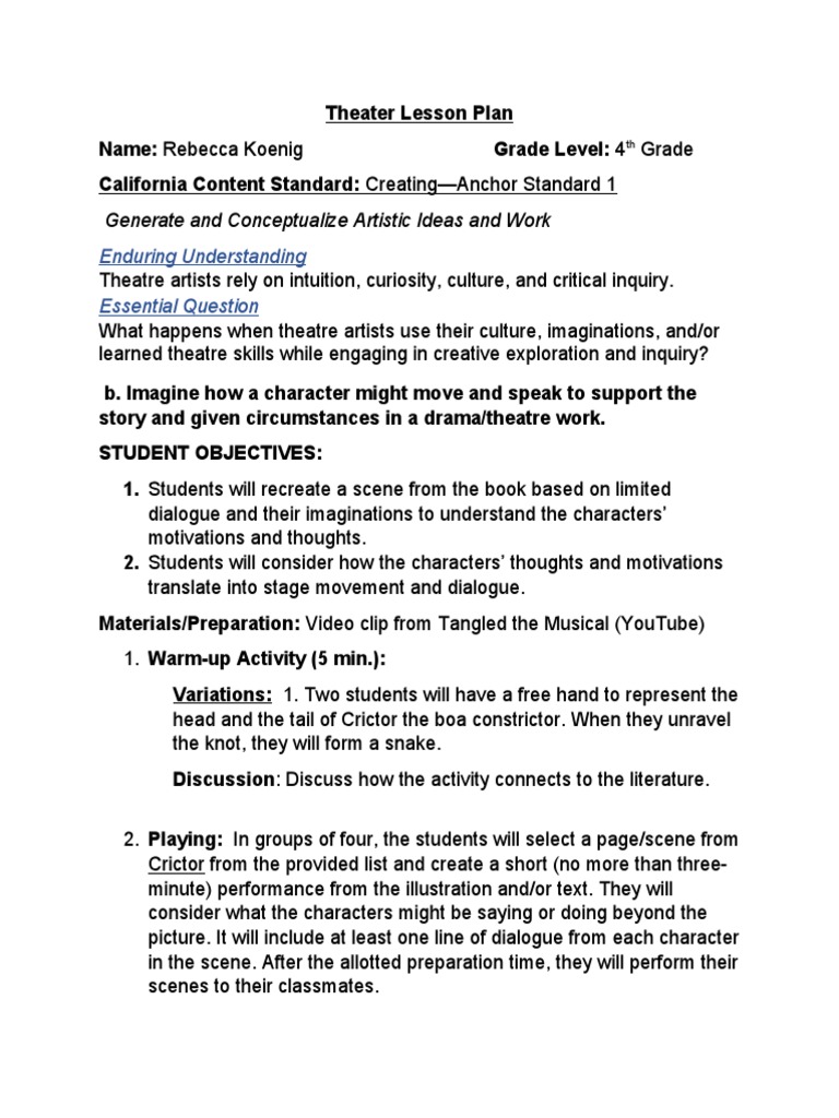 Theater Lesson Plan 1 | PDF | Language Arts & Discipline | General Fiction