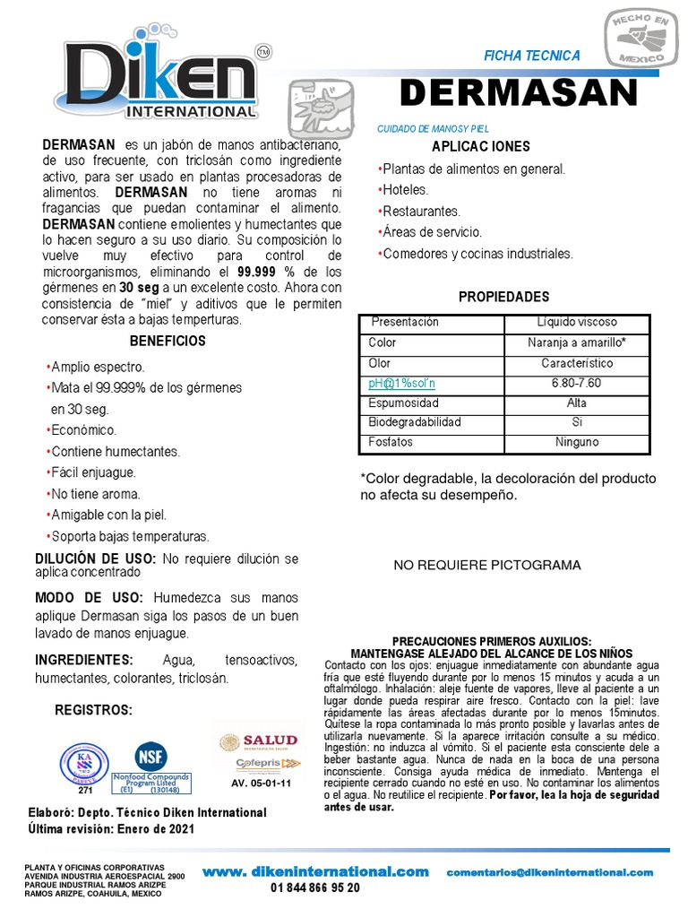 Derma San Ficha Técnica Con Logo | PDF | Alimentos | Agua