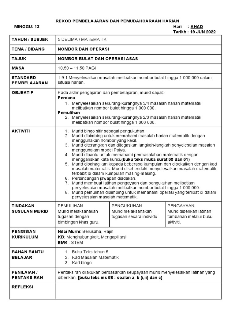RPH MT T4 19 Jun | PDF | Karier & Perkembangan | Metode & Bahan Ajar