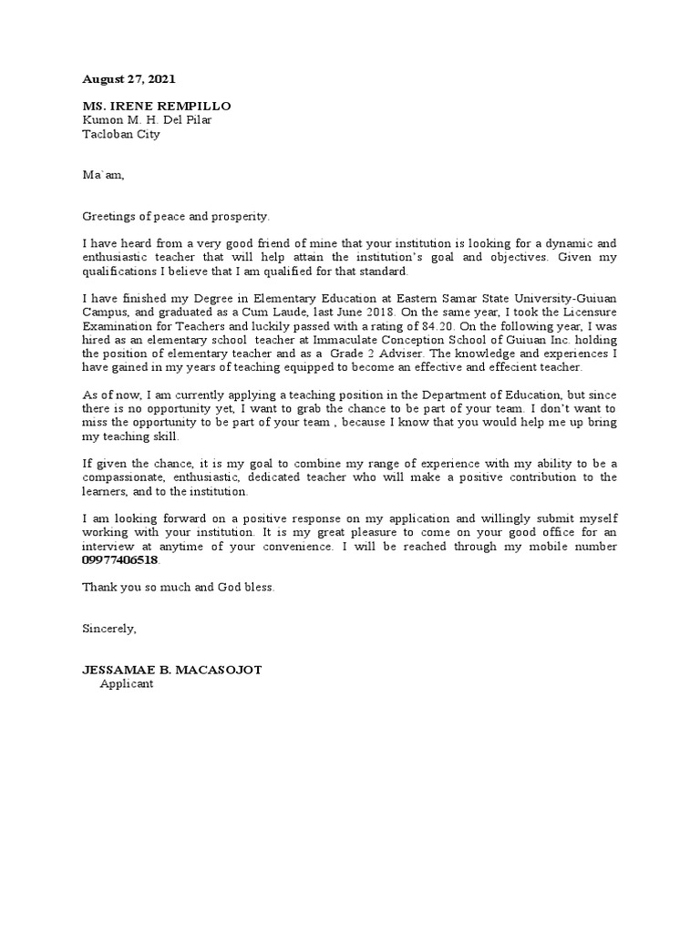 Application Letter Kumon | PDF