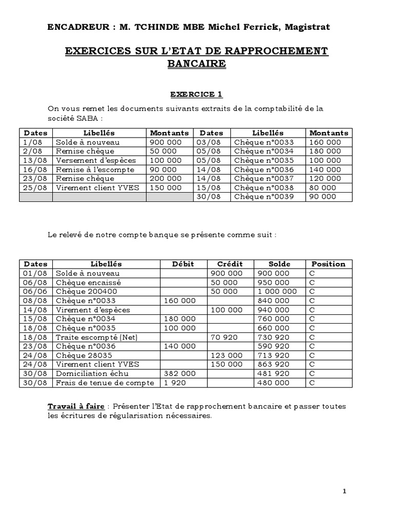 Exercices Sur L'etat de Rapprochement Bancaire | Descargar gratis PDF | Chèque | Banques