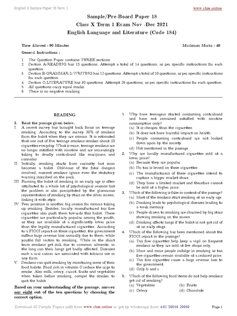 Sample/Pre-Board Paper 18 Class X Term 1 Exam Nov - Dec 2021 English Language and Literature ...