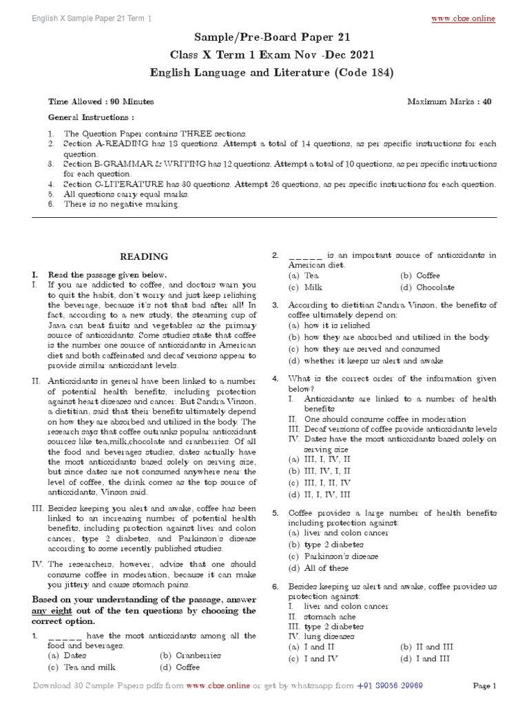 Sample/Pre-Board Paper 21 Class X Term 1 Exam Nov - Dec 2021 English Language and Literature ...