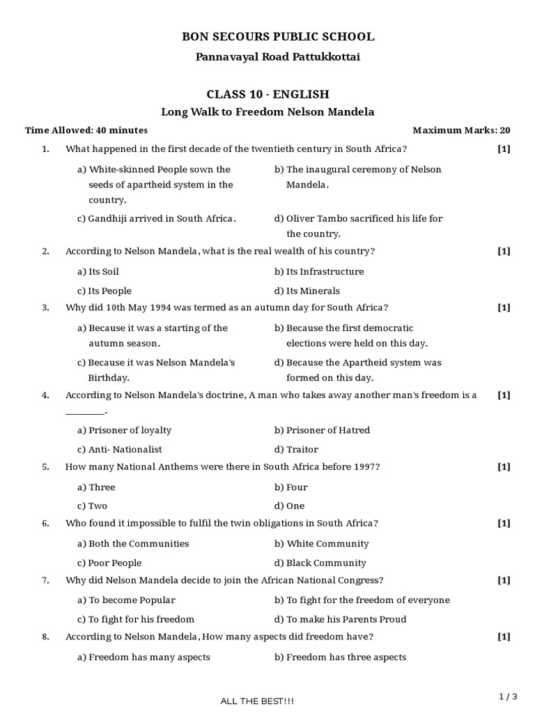 Long Walk To Freedom Questions | PDF | Nelson Mandela | Africa