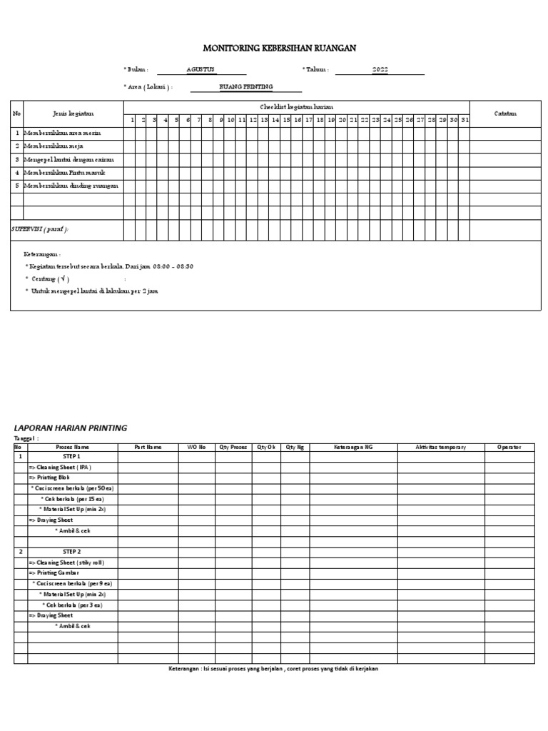 Ceklist Kebersihan Printing & Monitoring Harian | PDF