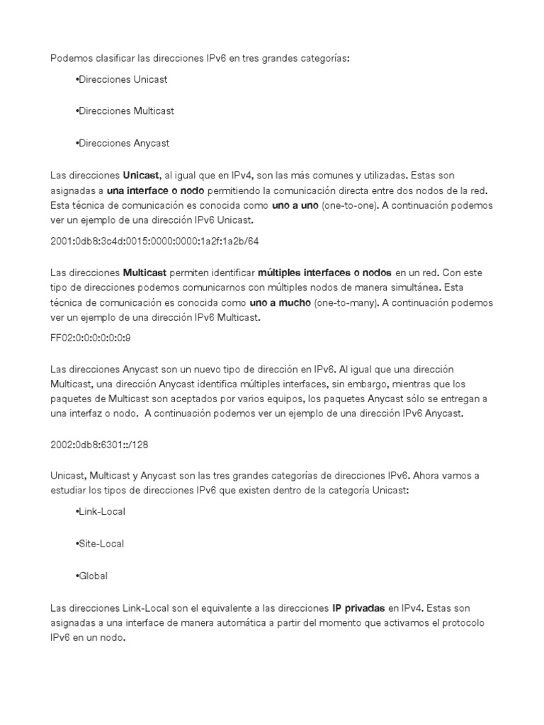 Tipos de Direcciones Ipv6 | PDF | Yo Pv6 | Internet Tipos de Direcciones Ipv6 | PDF | Yo Pv6 | Internet