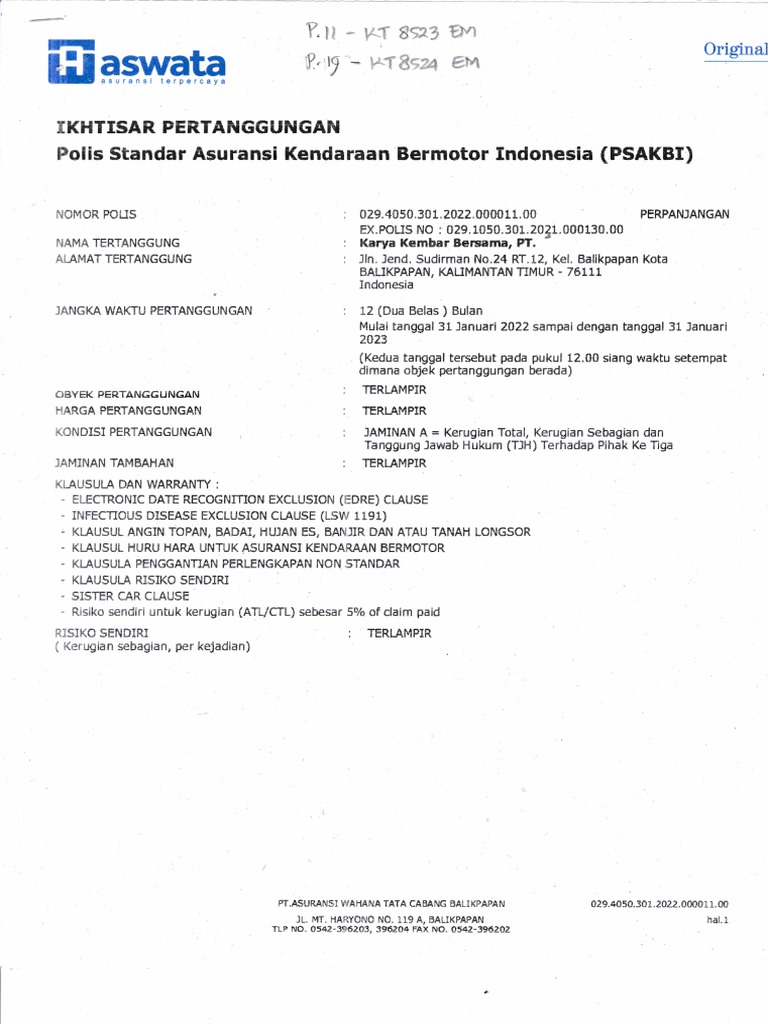 Contoh Polis Asuransi Kendaraan | PDF