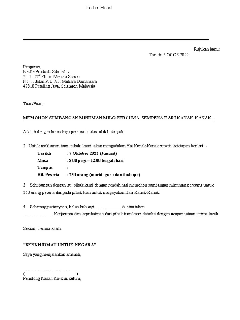 Surat Sumbangan Milo (Hari Kanak-Kanak 2022) Sample | PDF