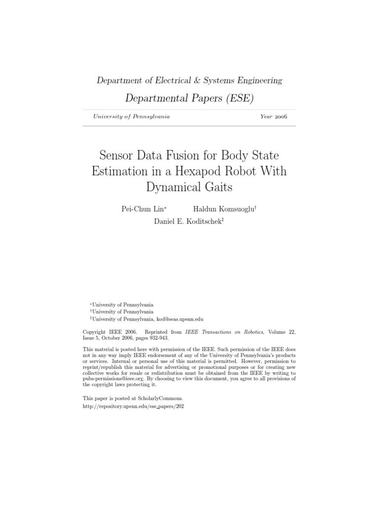 Sensor Data Fusion For Body State Estimation in A Hexapod Robot With Dynamical Gaits | PDF ...