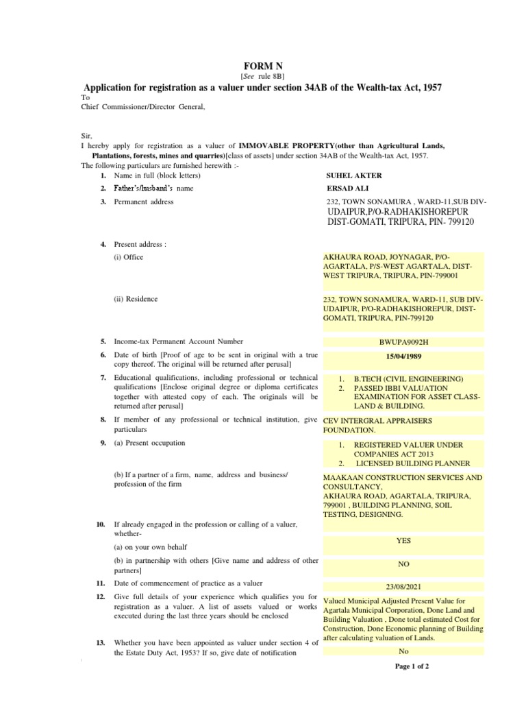 Form N Application For Registration As A Valuer Under Section 34AB of The Wealth-Tax Act, 1957 ...