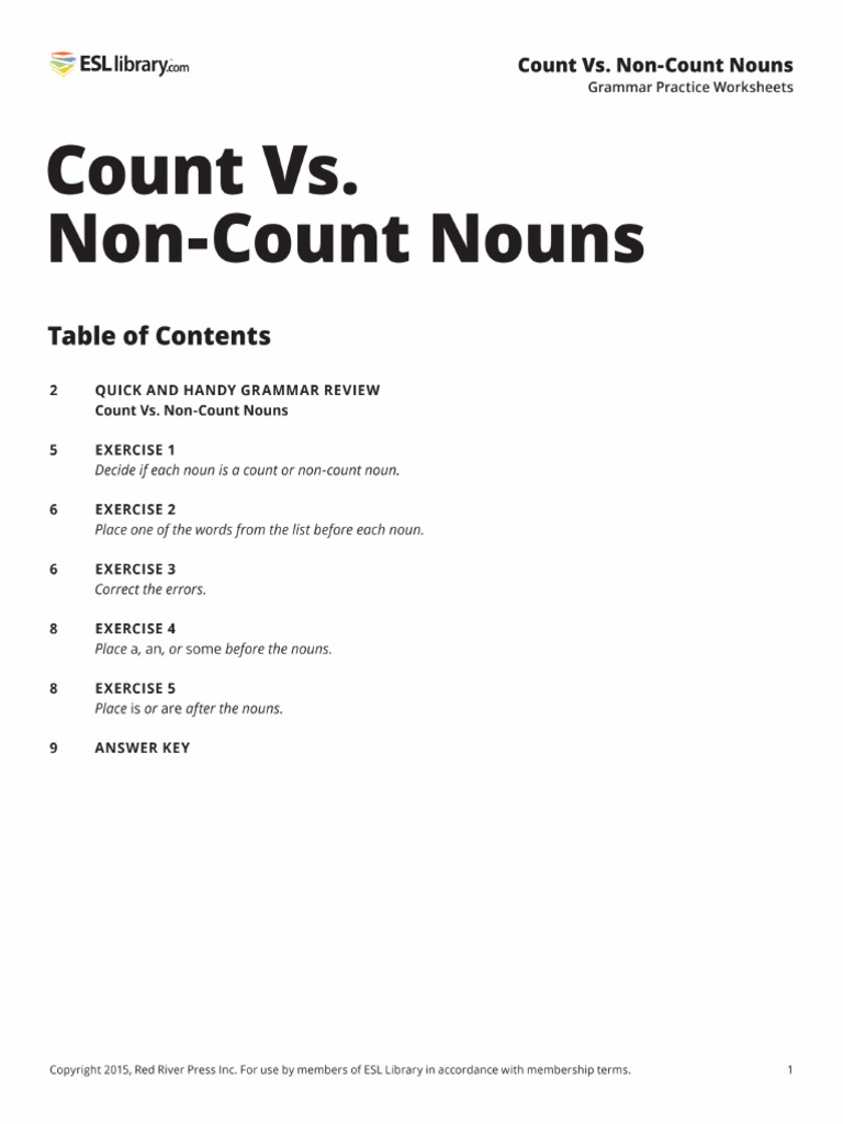 Count vs. Non-Count Nouns - ESL Library | PDF