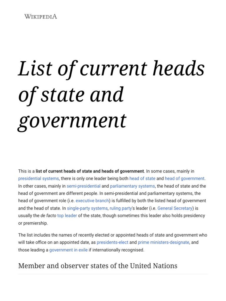 List of Current Heads of State and Government - Wikipedia | PDF | Heads ...