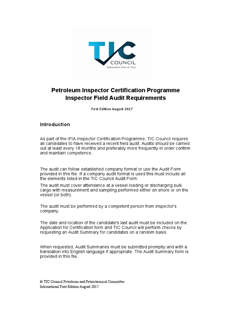 Petroleum Inspector Certification Programme Inspector Field Audit ...