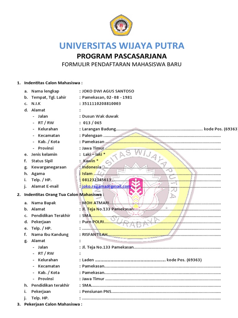 Formulir Pendaftaran Mahasiswa Baru S2 | PDF