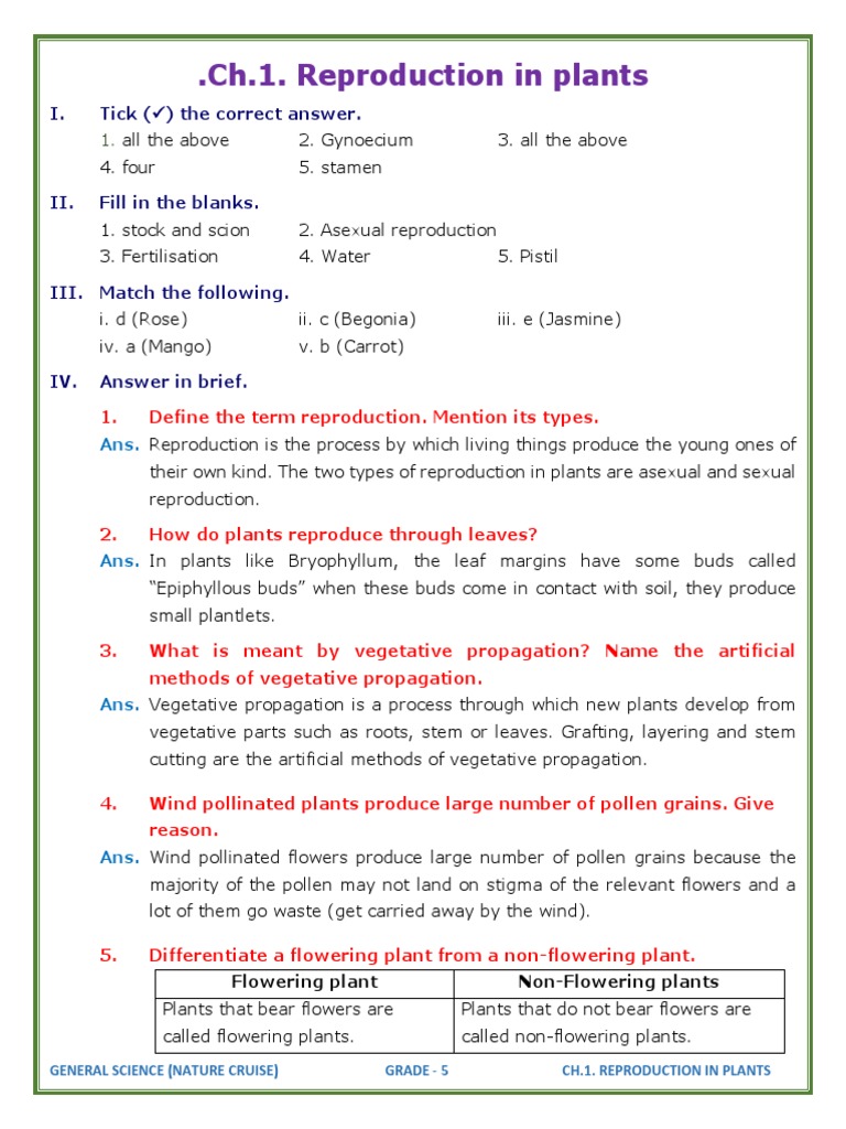 Science - Grade-5 - Ch.1. Reproduction in Plants - Answer Key | PDF ...