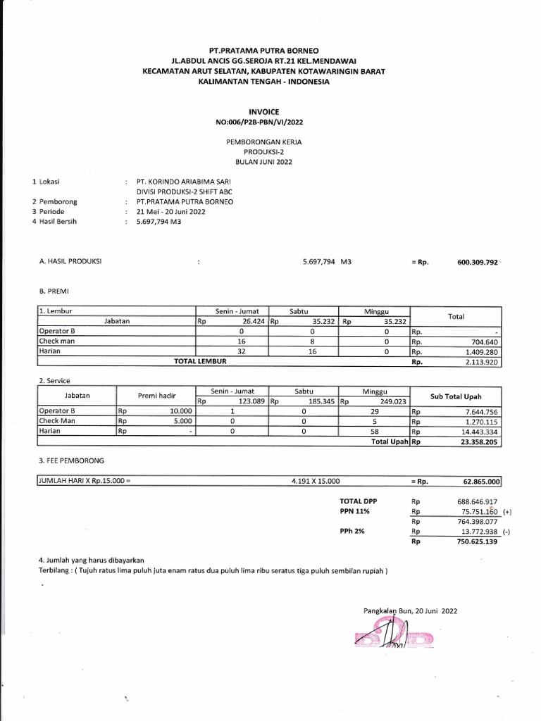 Invoice PT P2B Borongan Produksi Ii | PDF