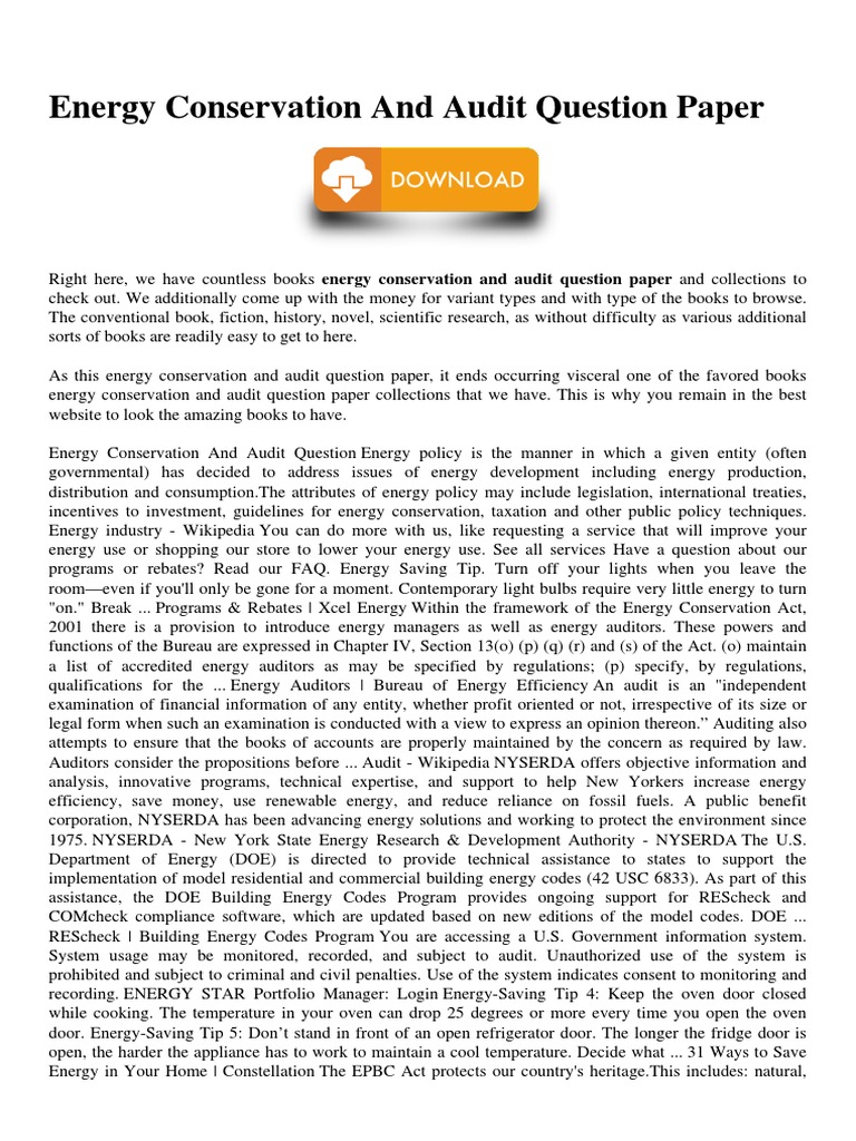 Energy Conservation and Audit Question Paper | PDF | Audit | Energy ...
