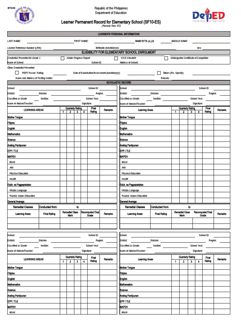 Learner Permanent Record For Elementary School (SF10-ES) : (Formerly ...