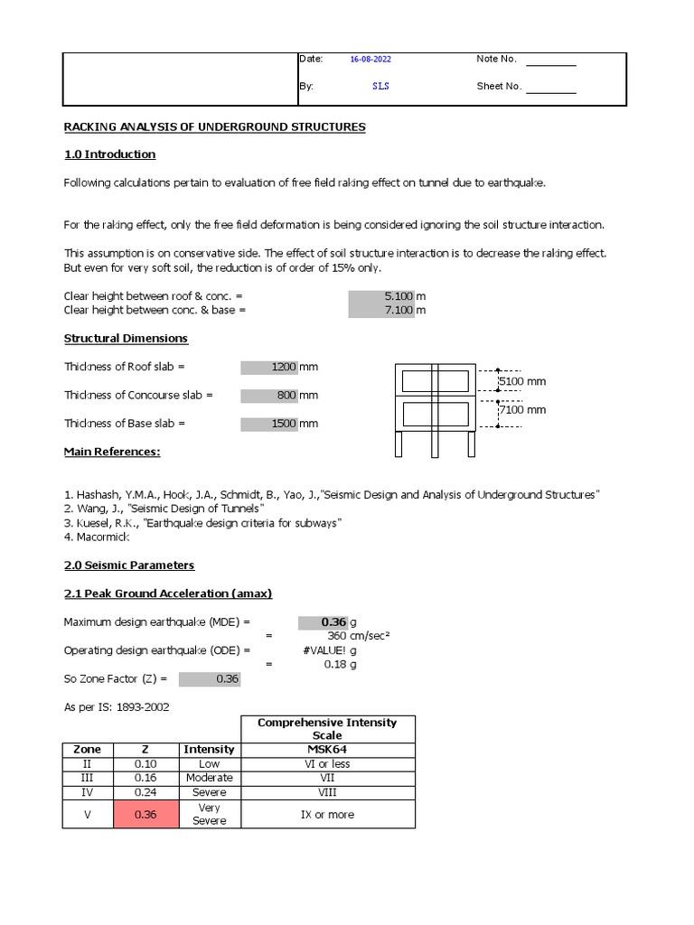 Racking Analysis of Underground Structures: Date: Note No. By: Sheet No ...