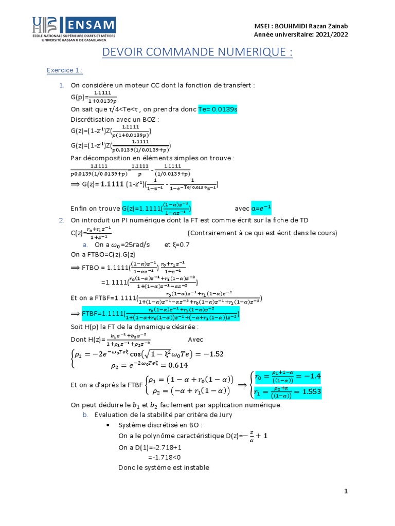 Devoir Commande Numerique | PDF | Algèbre générale | Informatique
