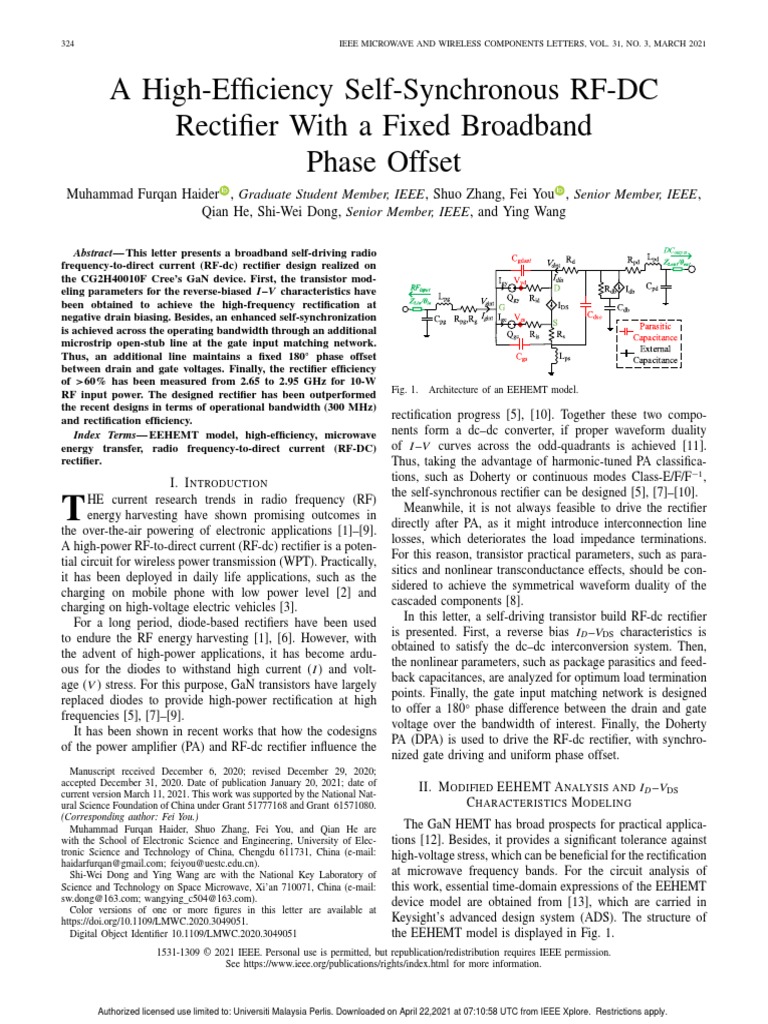 2021 A High-Efficiency Self-Synchronous RF-DC Rectifier With A Fixed Broadband Phase Offset ...