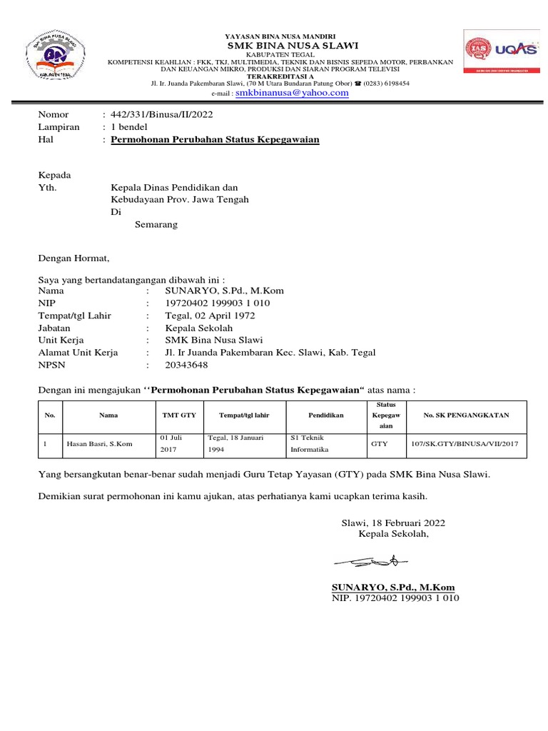Surat Permohonan Perubahan Status Kepegawaian | PDF