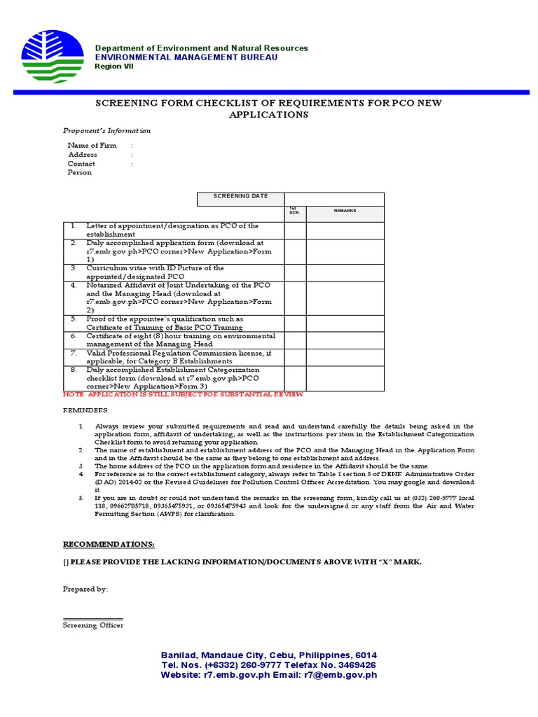 Screening Form Checklist of Requirements For Pco New Applications | PDF ...